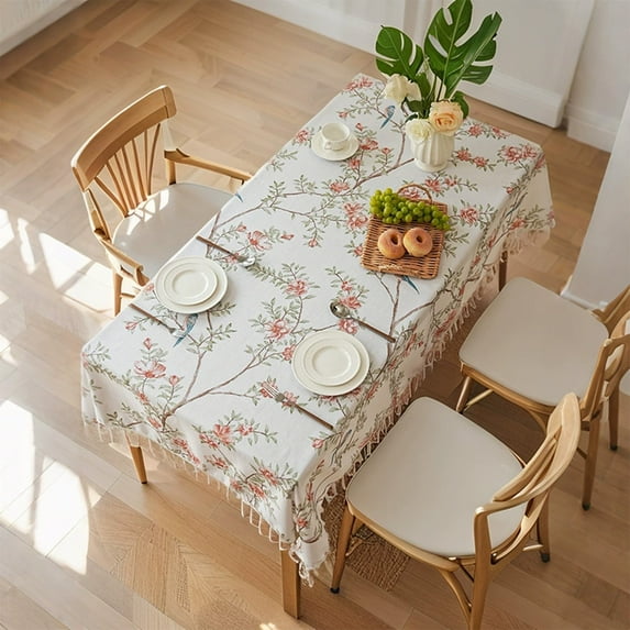 Cevemin Tassel Floral and Birds Print Tablecloth - Imitation Linen ...