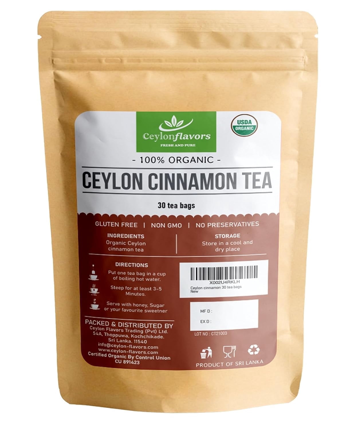 CEYLONFLAVORS FRESH AND PURE, Organic Ceylon Cinnamon Tea Bags, 30ct ...