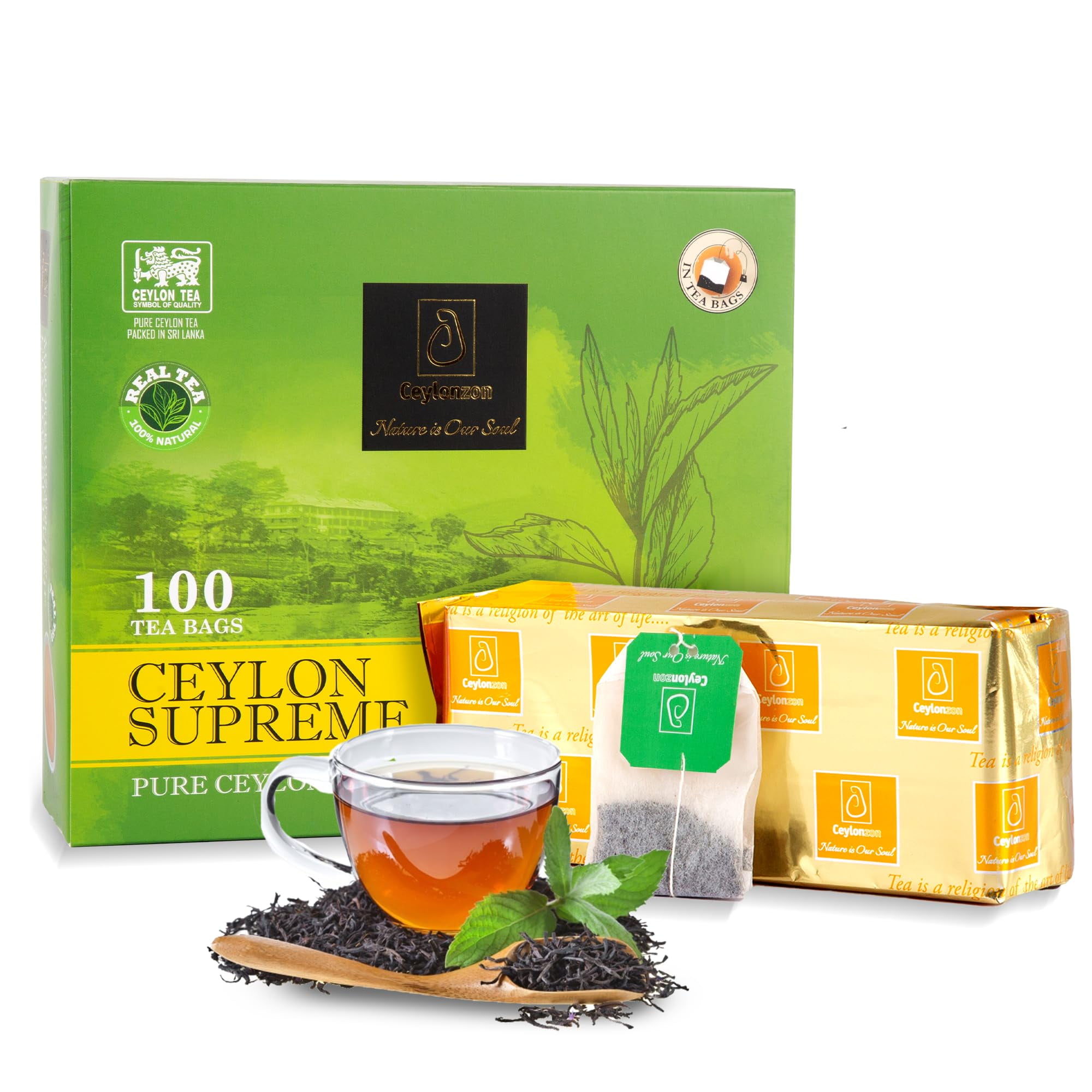 Ceylonzon Premium Ceylon Loose Leaf Green Tea Bags, 100 Count, Vegan ...