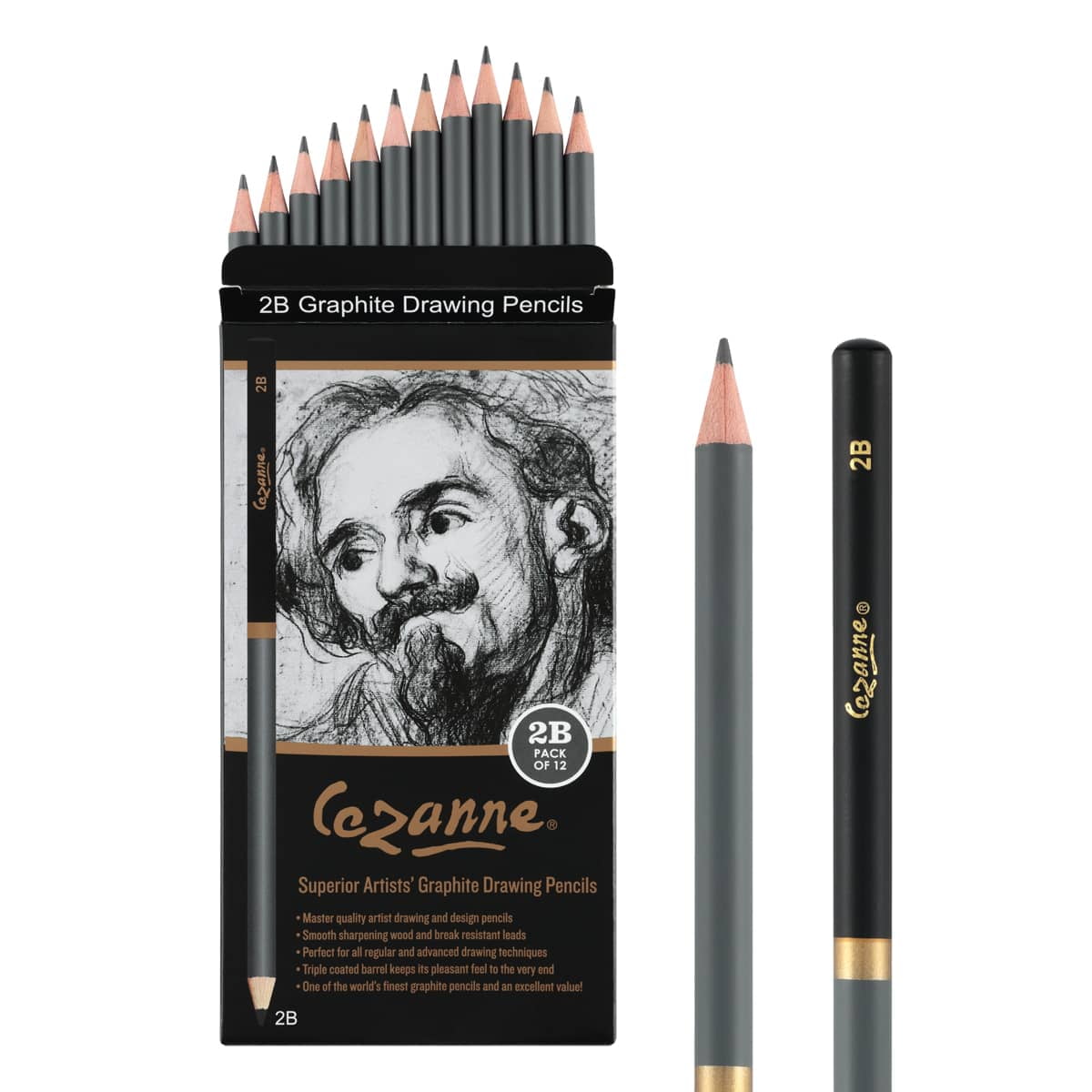 Cezanne Graphite Drawing Pencils Set - 2B, Set of 12 Break-Resistant ...