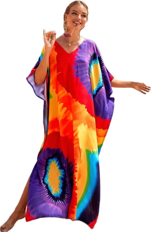 Cfcsrp Caftans for Women Plus size Rainbow Print Kaftan Robe Swimsuit ...