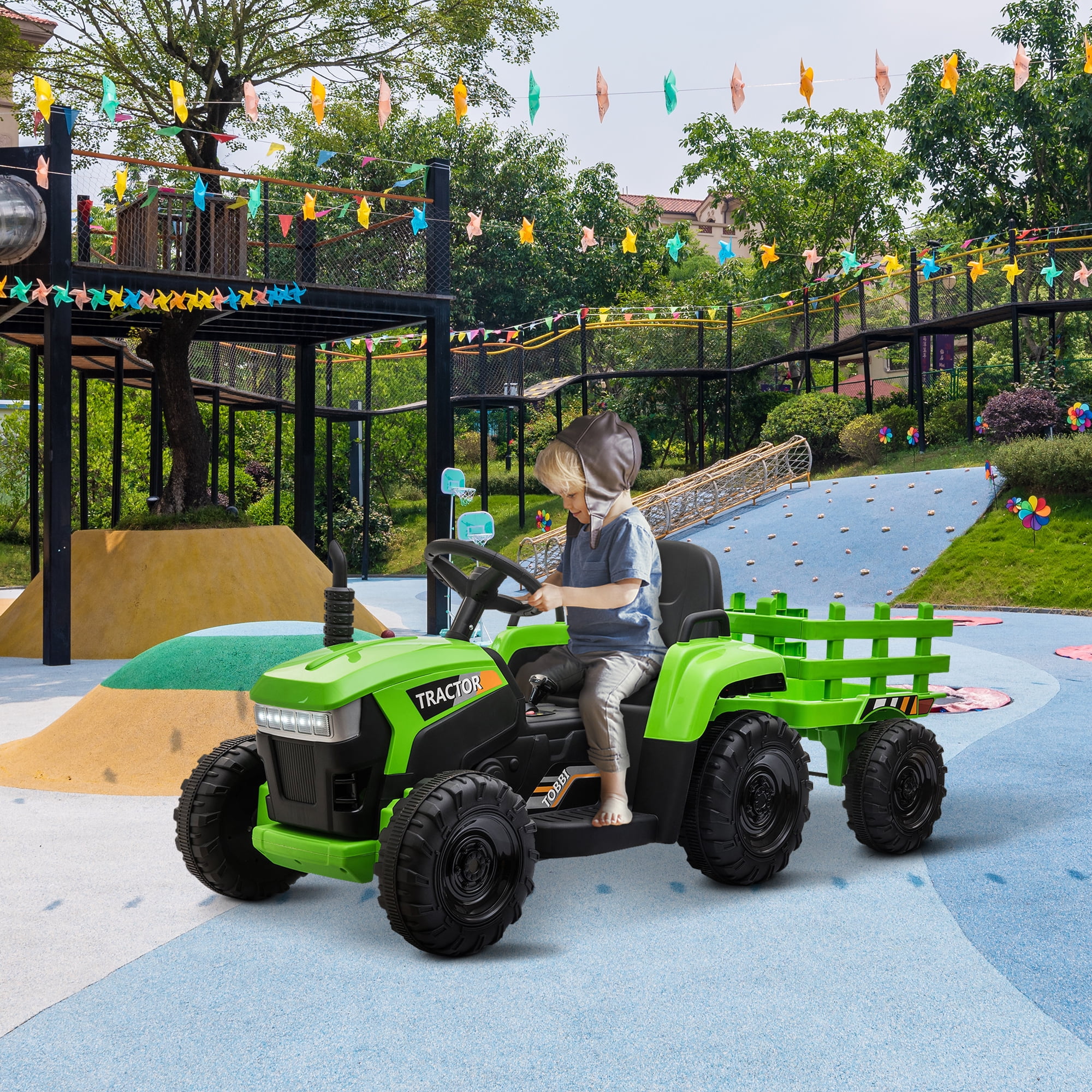 Cfowner 12V Battery-Powered Toy Tractor with Trailer and 35W Dual ...
