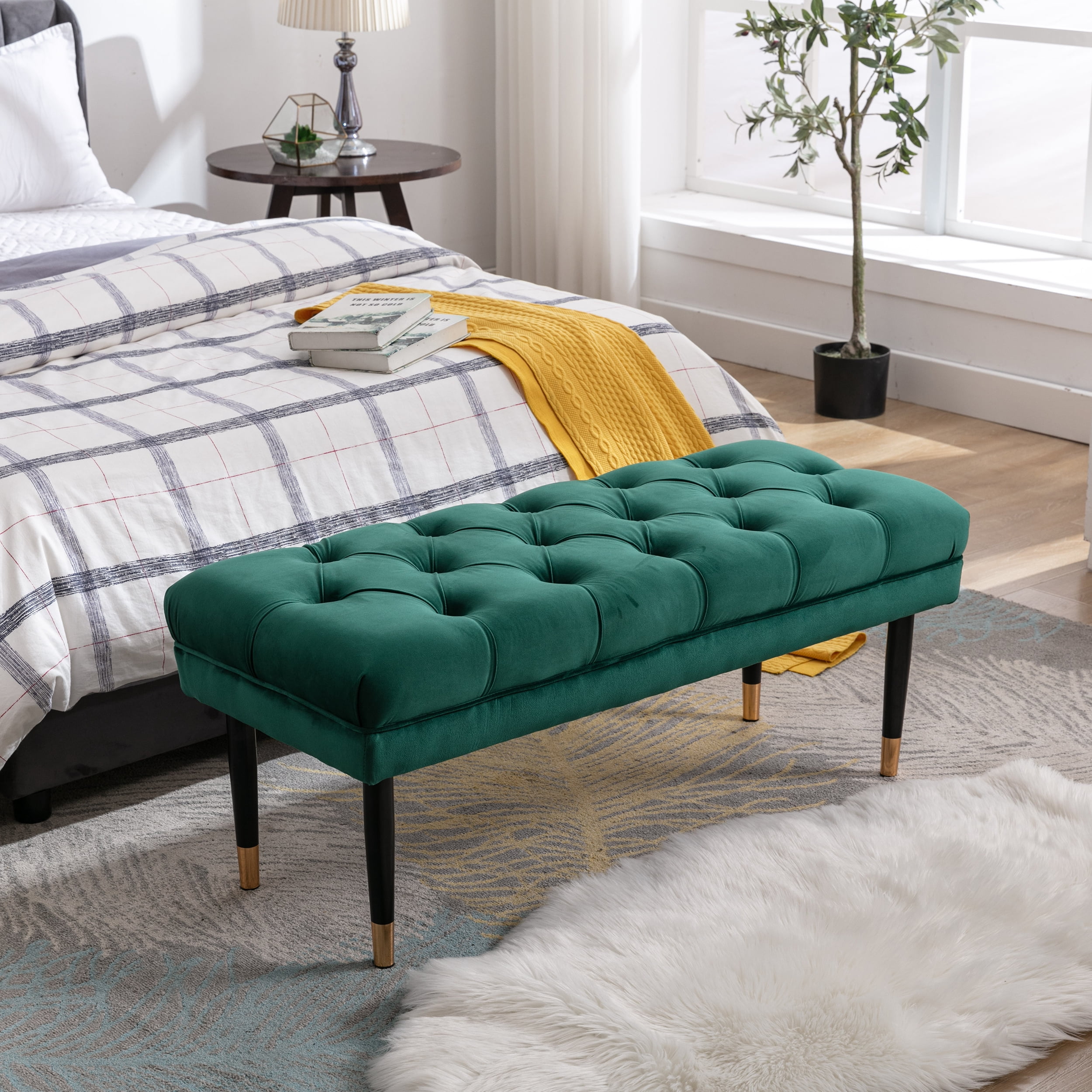 Cfowner Button-Tufted Ottoman Bench, Upholstered Bedroom Benches Velvet ...