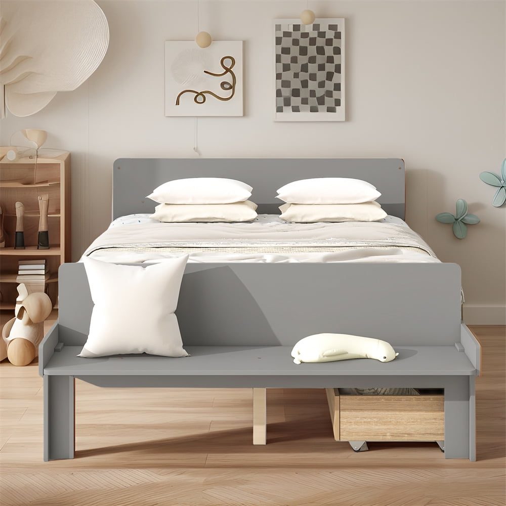 Cfowner Full Platform Bed Frame with Footboard Bench, 2 Drawers, Gray ...