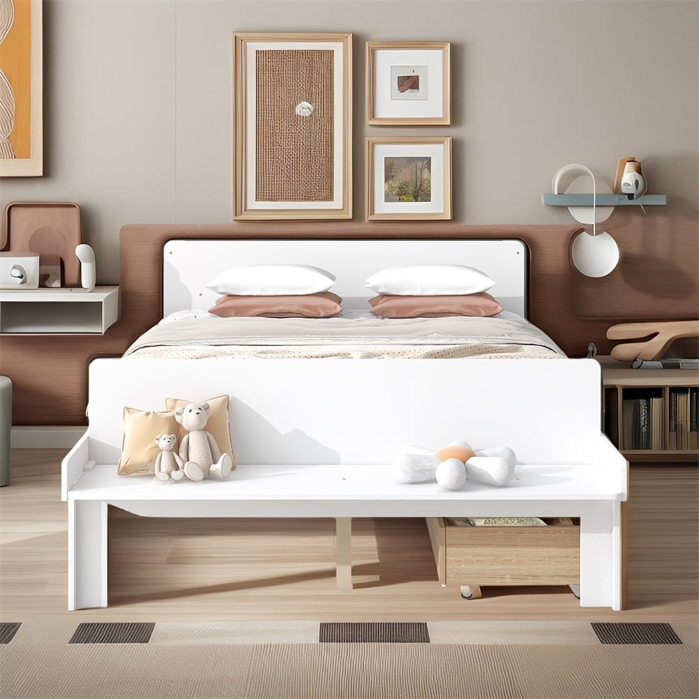 Cfowner Full Platform Bed Frame with Footboard Bench, 2 Drawers, White ...