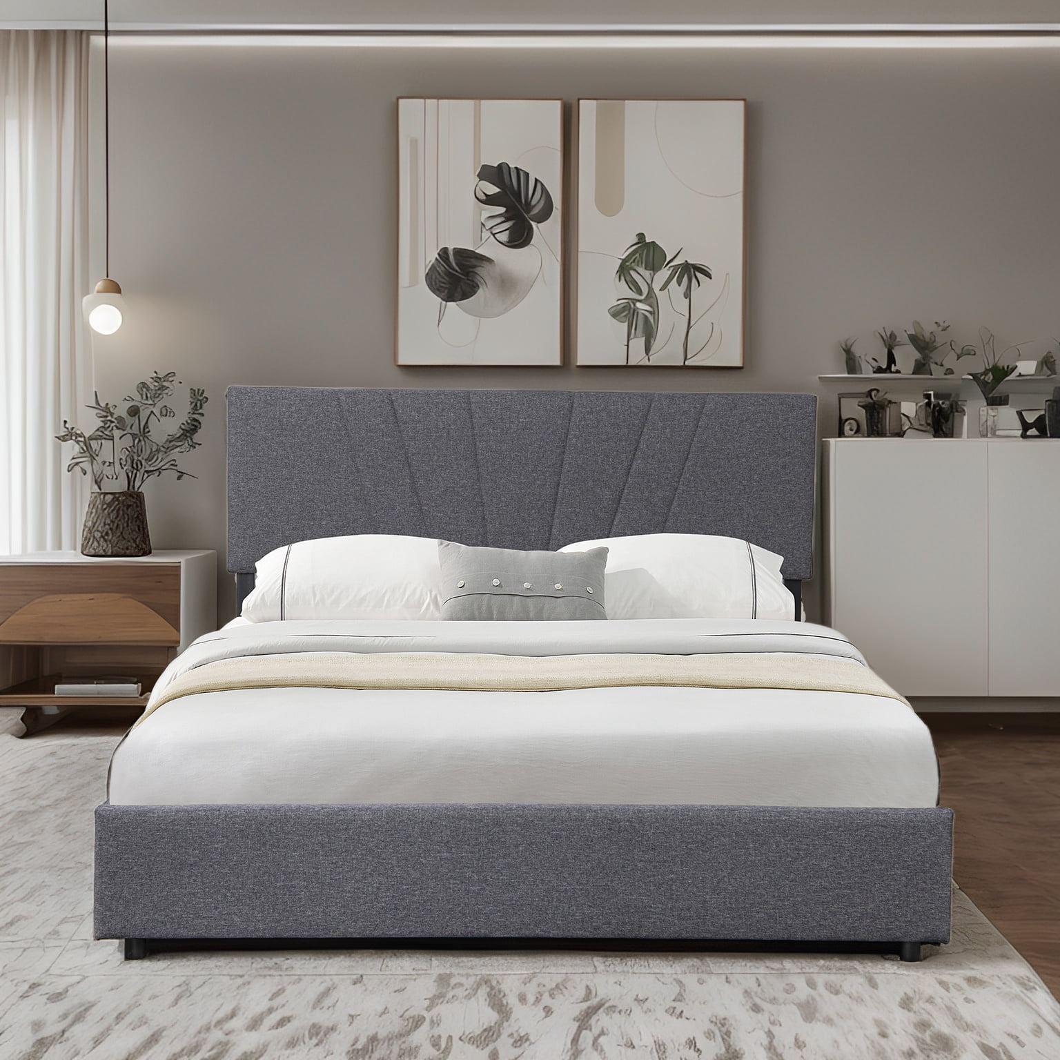 Cfowner Full Size Upholstered Linen Platform Bed Frame with a Hydraulic ...