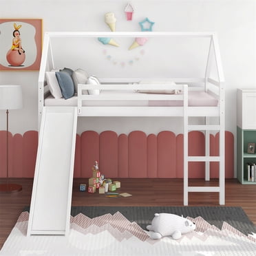 Twin Size Loft Bed with Slide, High Loft Bed Frame with 11 Solid Wood ...