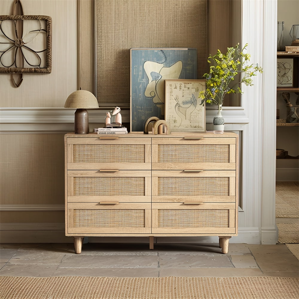 Cfowner Mid Century Modern Storage Cabinet with Rattan Door & 6 Drawers ...