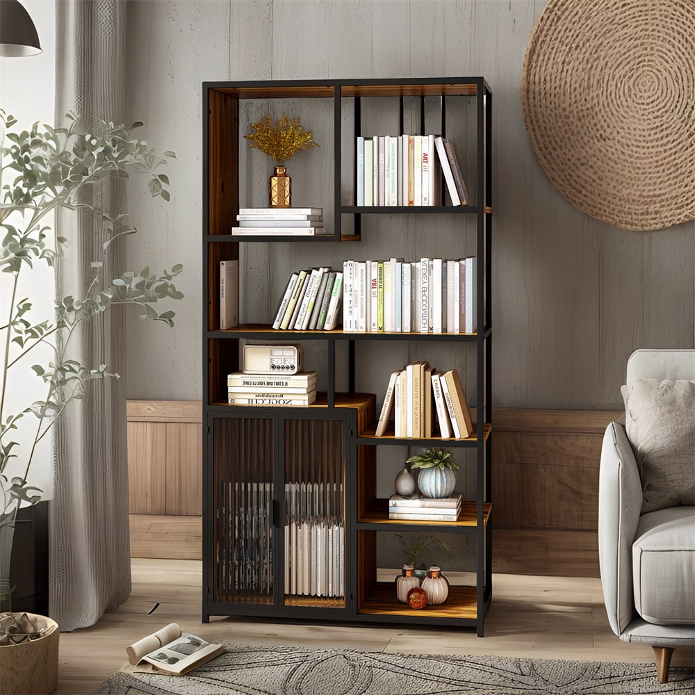 Cfowner Modern Open Bookshelf with Enclosed Storage Cabinet, 69" Wood ...