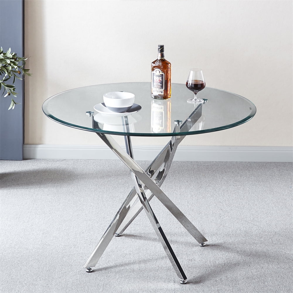 Cfowner Modern Round Glass Dining Table with Tempered Glass Top and ...
