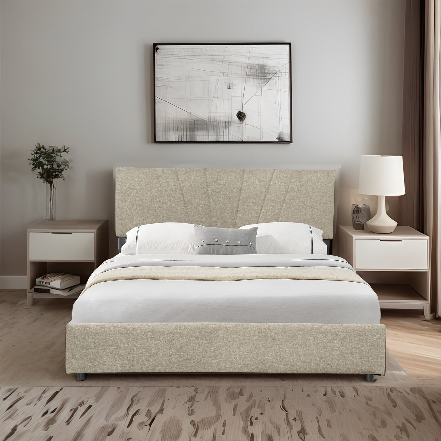 Cfowner Queen Size Upholstered Linen Platform Bed Frame with a ...