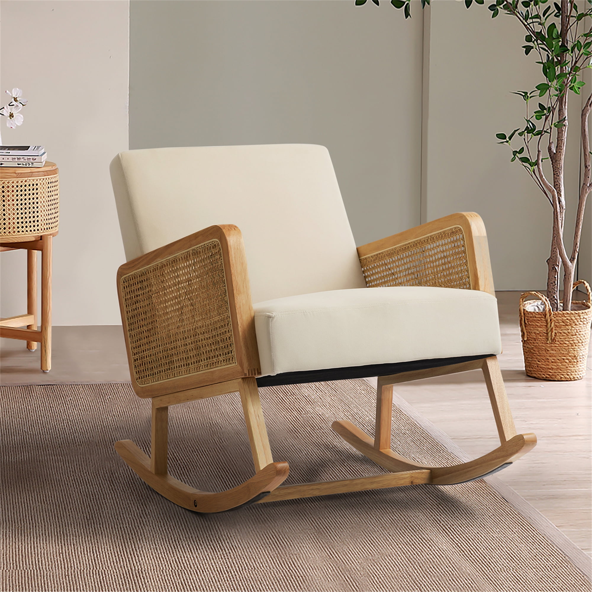 Cfowner Rocker Armchair with Rattan Arms, Rocking Accent Chair, Comfy ...
