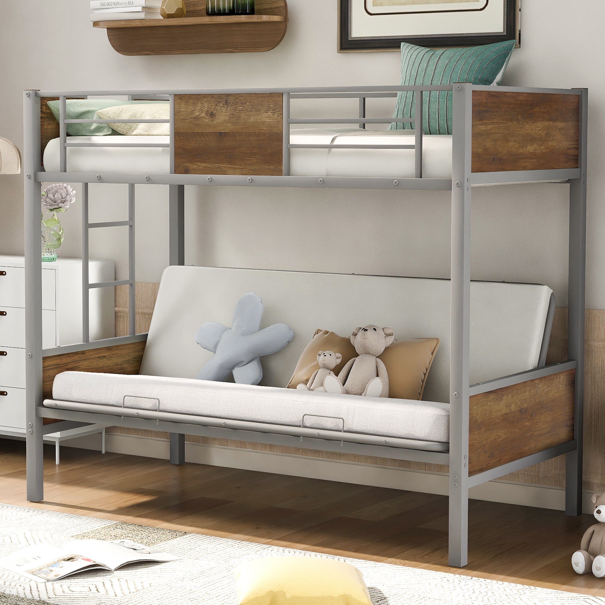 Cfowner Twin Over Futon Bunk Bed with Futon, Metal Futon Bunk Bed with ...