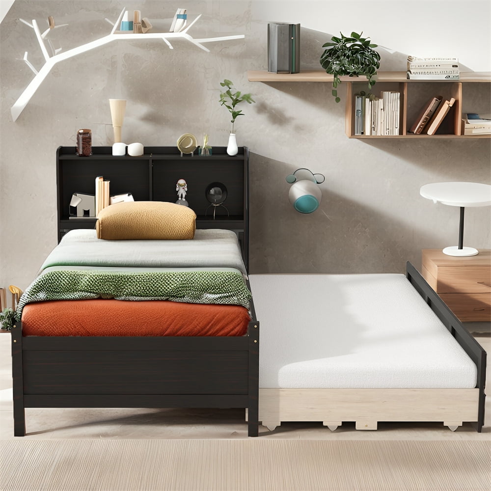 Cfowner Twin Platform Bed Frame with Bookcase, Twin Trundle, Drawers ...
