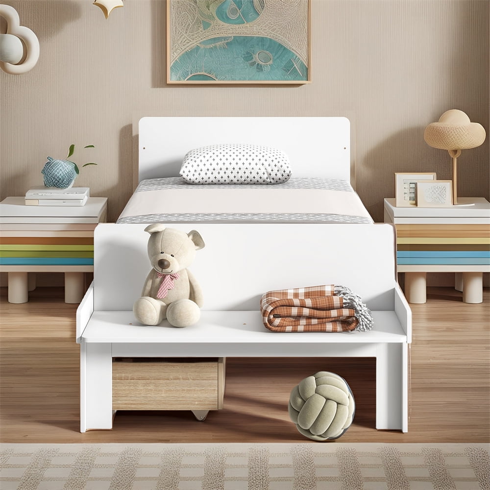 Cfowner Twin Platform Bed Frame with Footboard Bench, 2 Drawers, White ...
