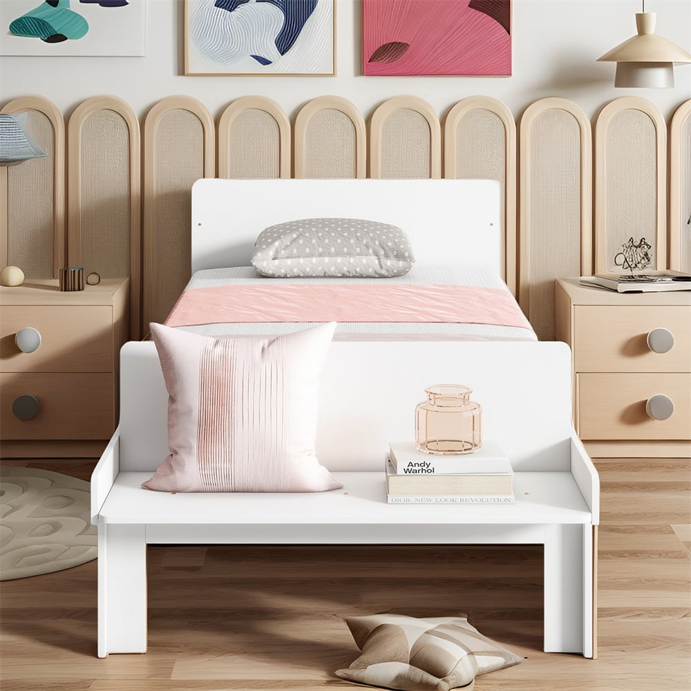 Cfowner Twin Platform Bed Frame with Footboard Bench, White - Walmart.com