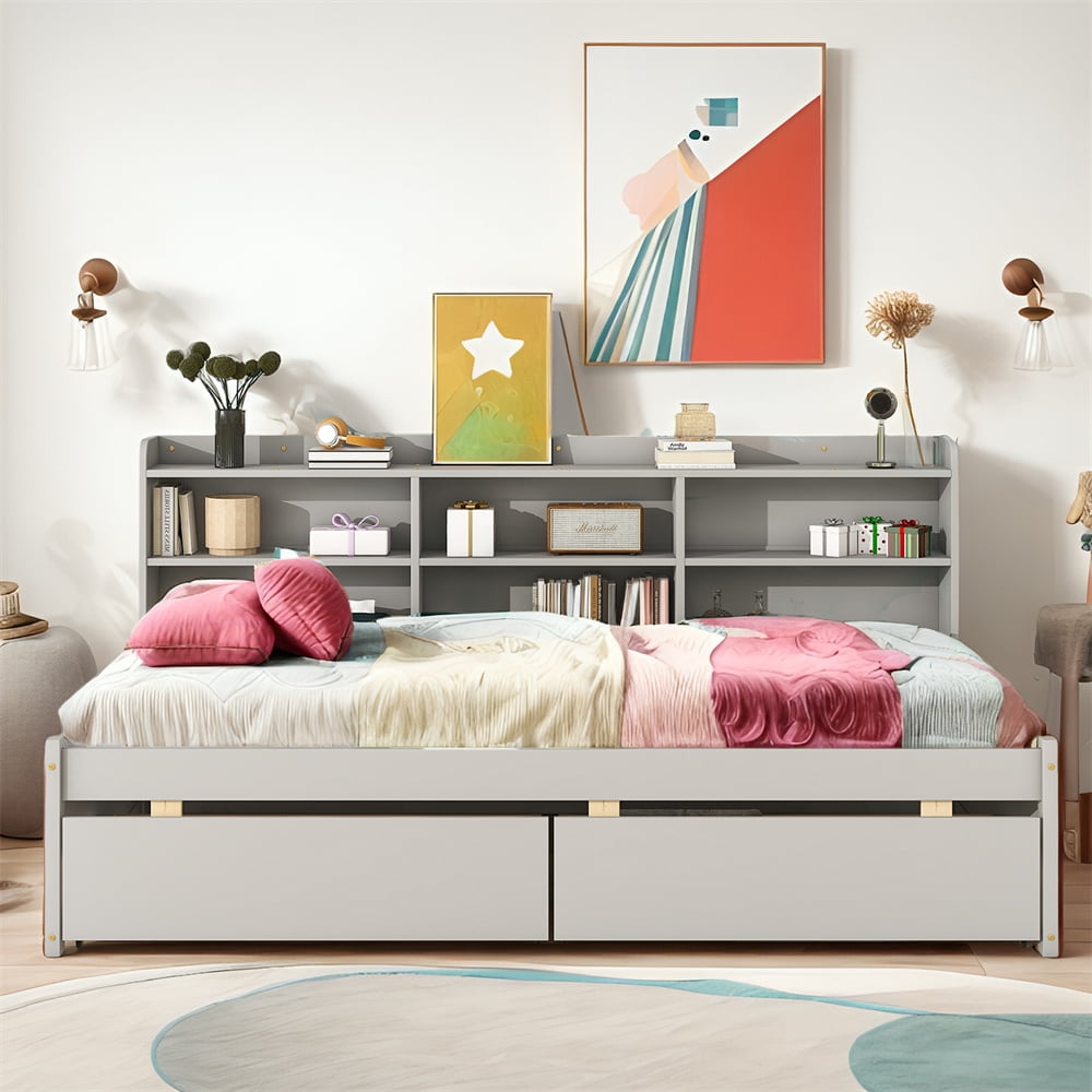 Cfowner Twin Platform Bed Frame with Side Bookcase and Drawers, Gray ...