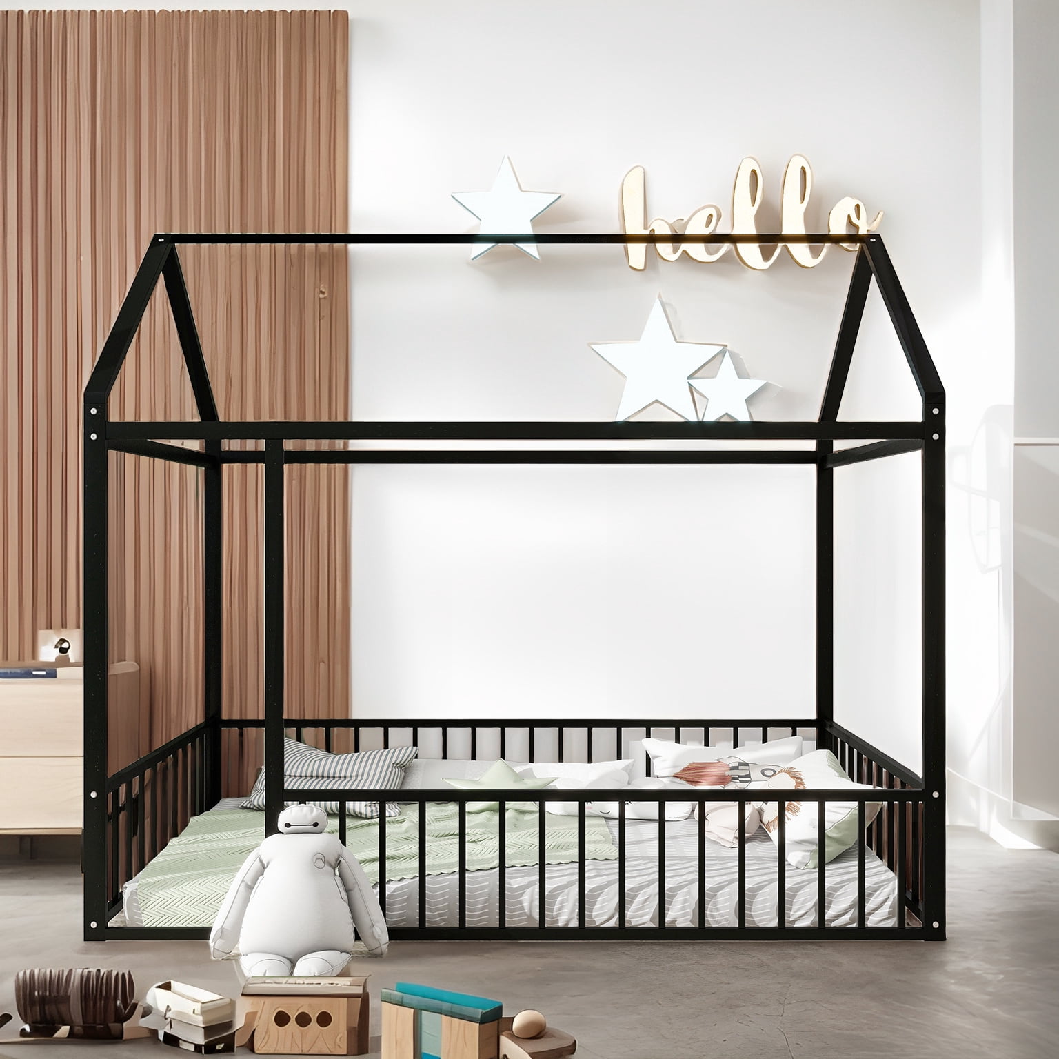 Cfowner Twin Size Metal House Bed Frame with Fence, Black - Walmart.com
