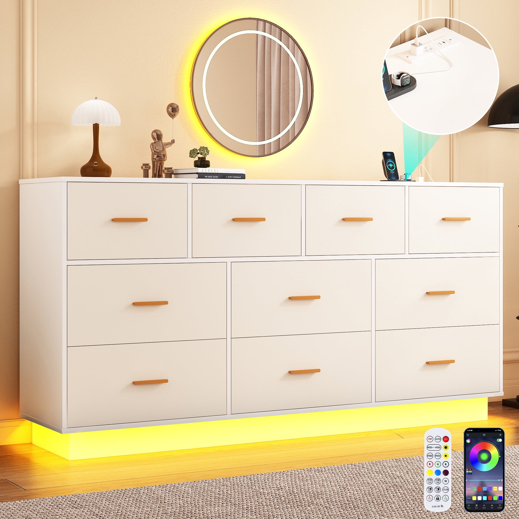 ChVans 10 Drawer Dresser with 60000-color LED Lights & Power Outlet, 63 ...