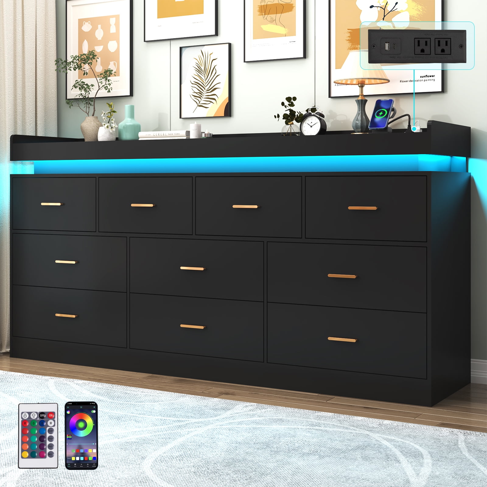 ChVans 10 Drawer Dresser with LED Lights and Charging Station, 70" Wide ...