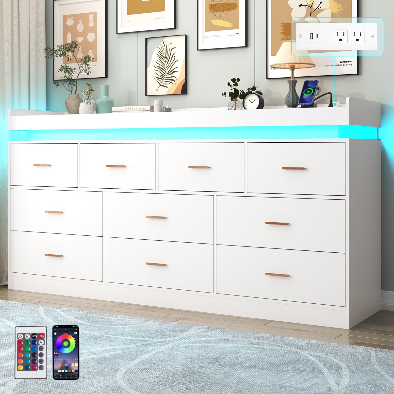 ChVans 10 Drawer Dresser with LED Lights and Charging Station, 70" Wide ...
