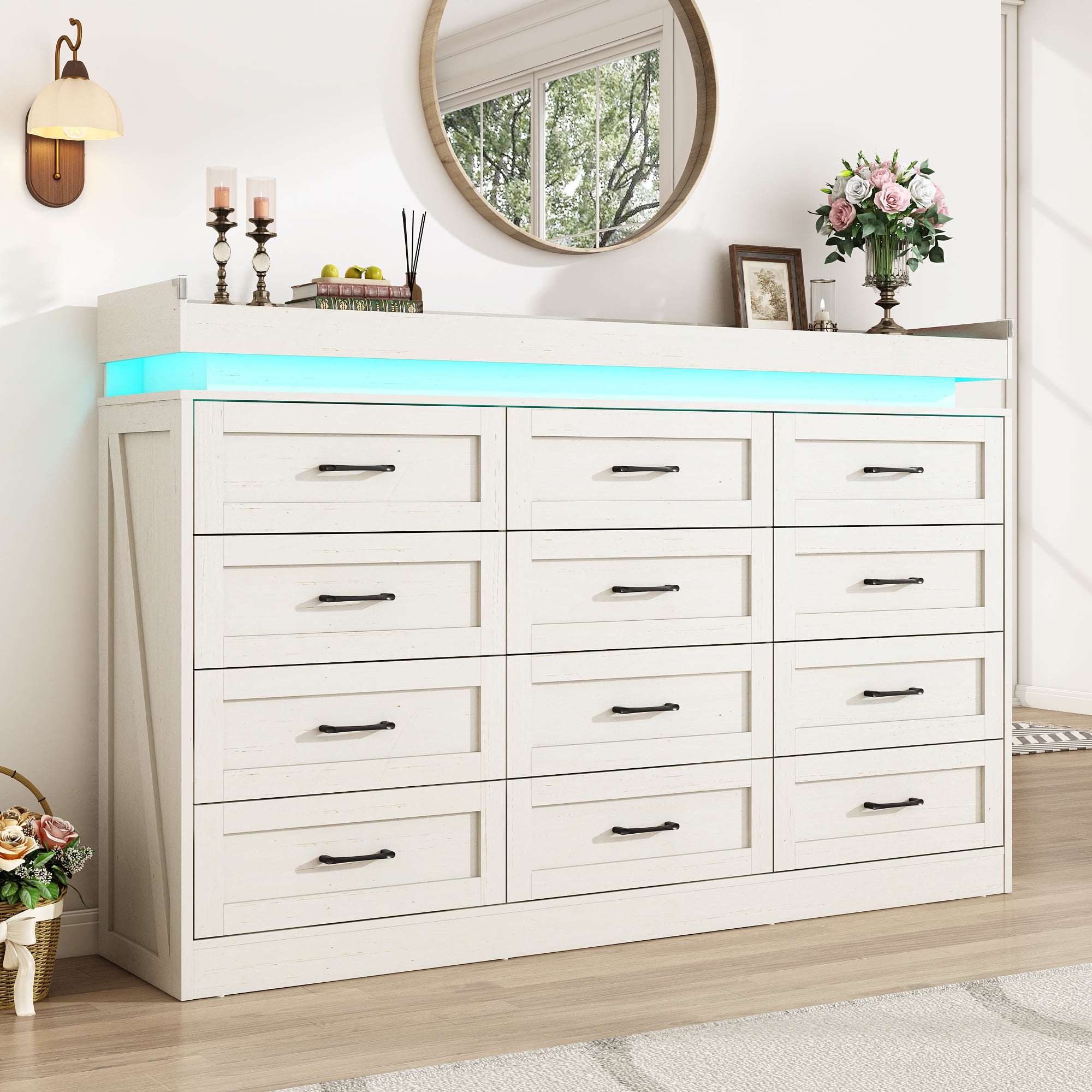 ChVans 12 Drawer Dresser with LED Light and Charging Station, Farmhouse ...