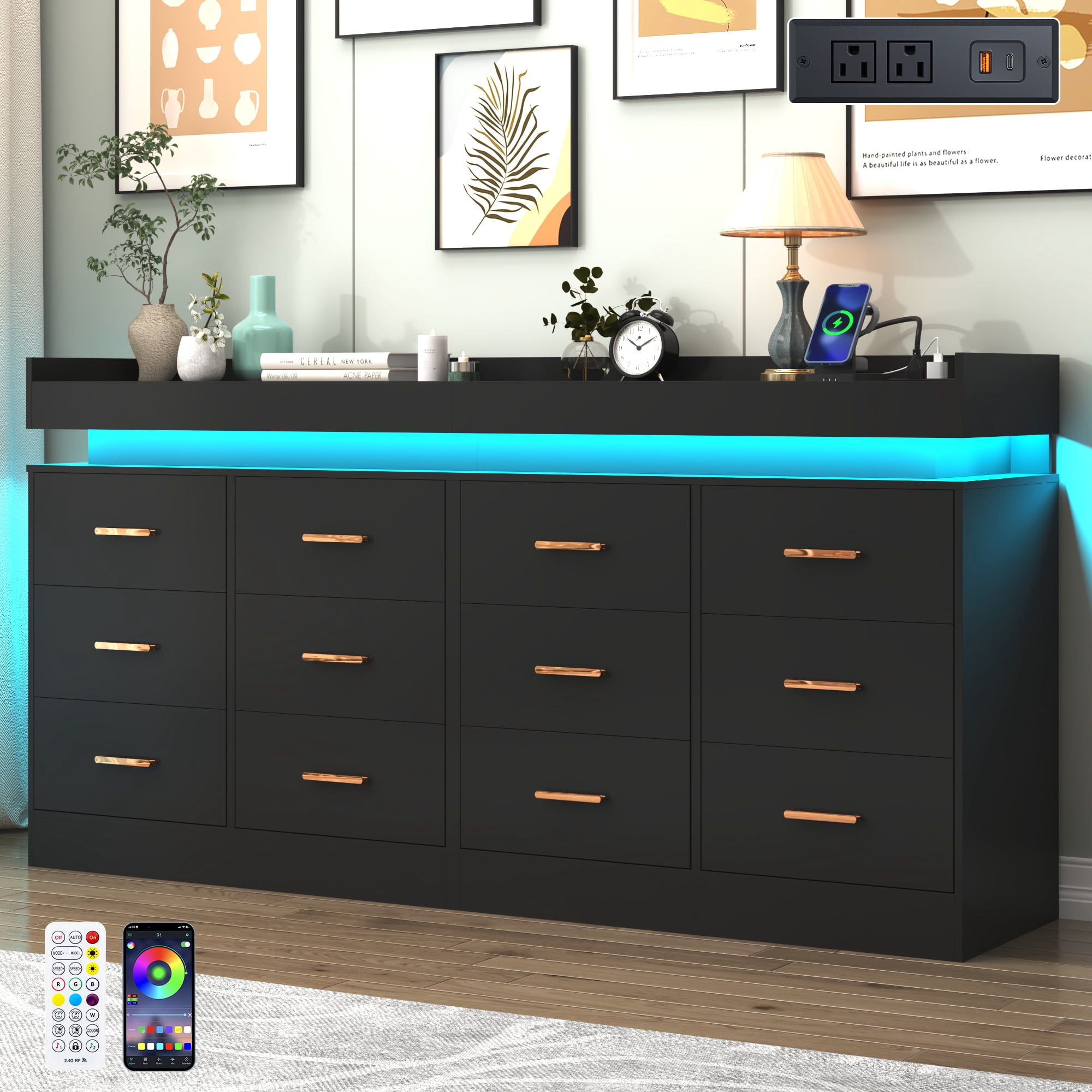 ChVans 12 drawer Dresser with Charging Station and LED Lights, Modern ...