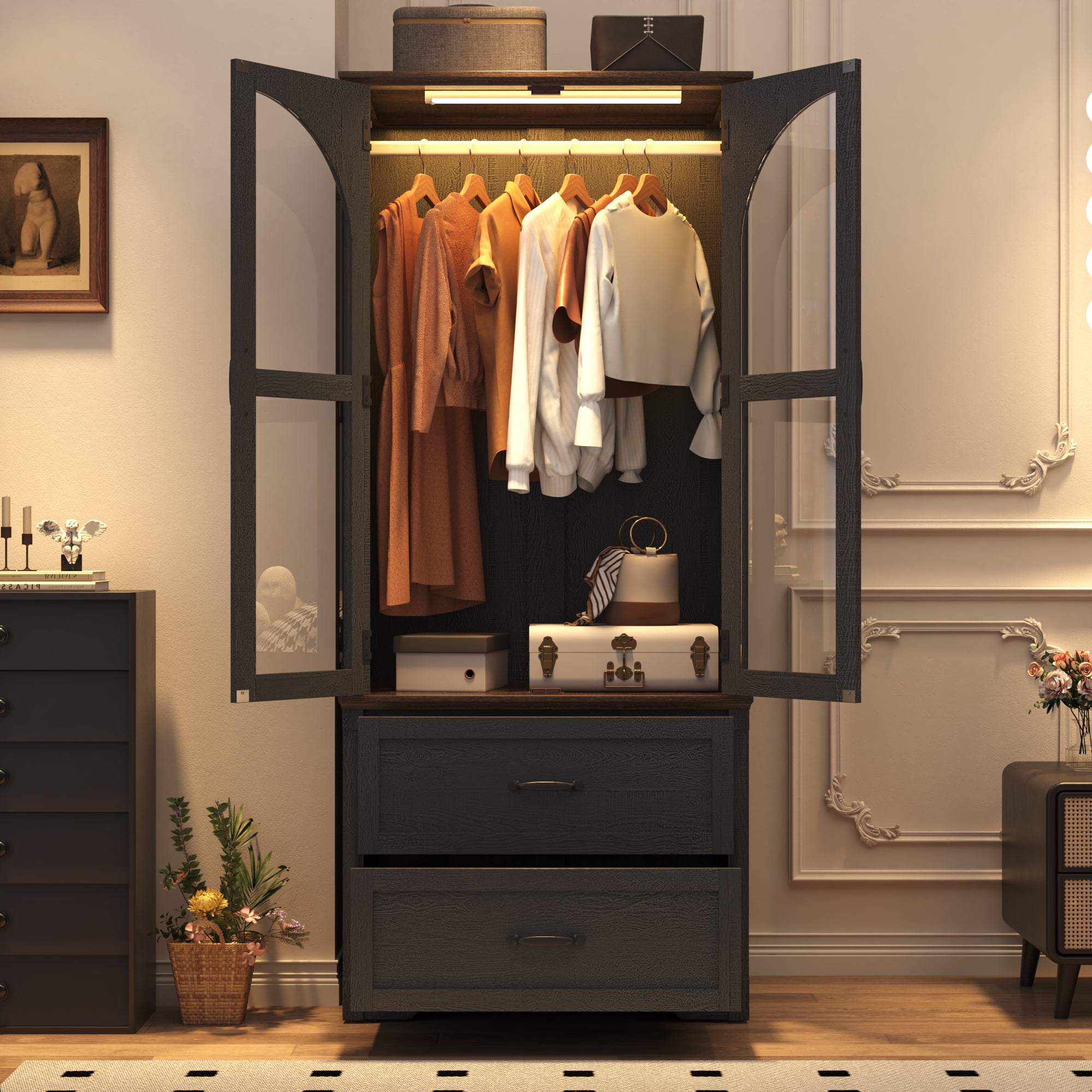 ChVans 2 Glass Doors Armoire Wardrobe Closet with 2 Drawer & LED Sensor ...