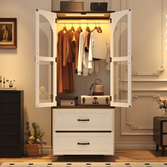 ChVans 2 Glass Doors Armoire Wardrobe Closet with 2 Drawer & LED Sensor ...