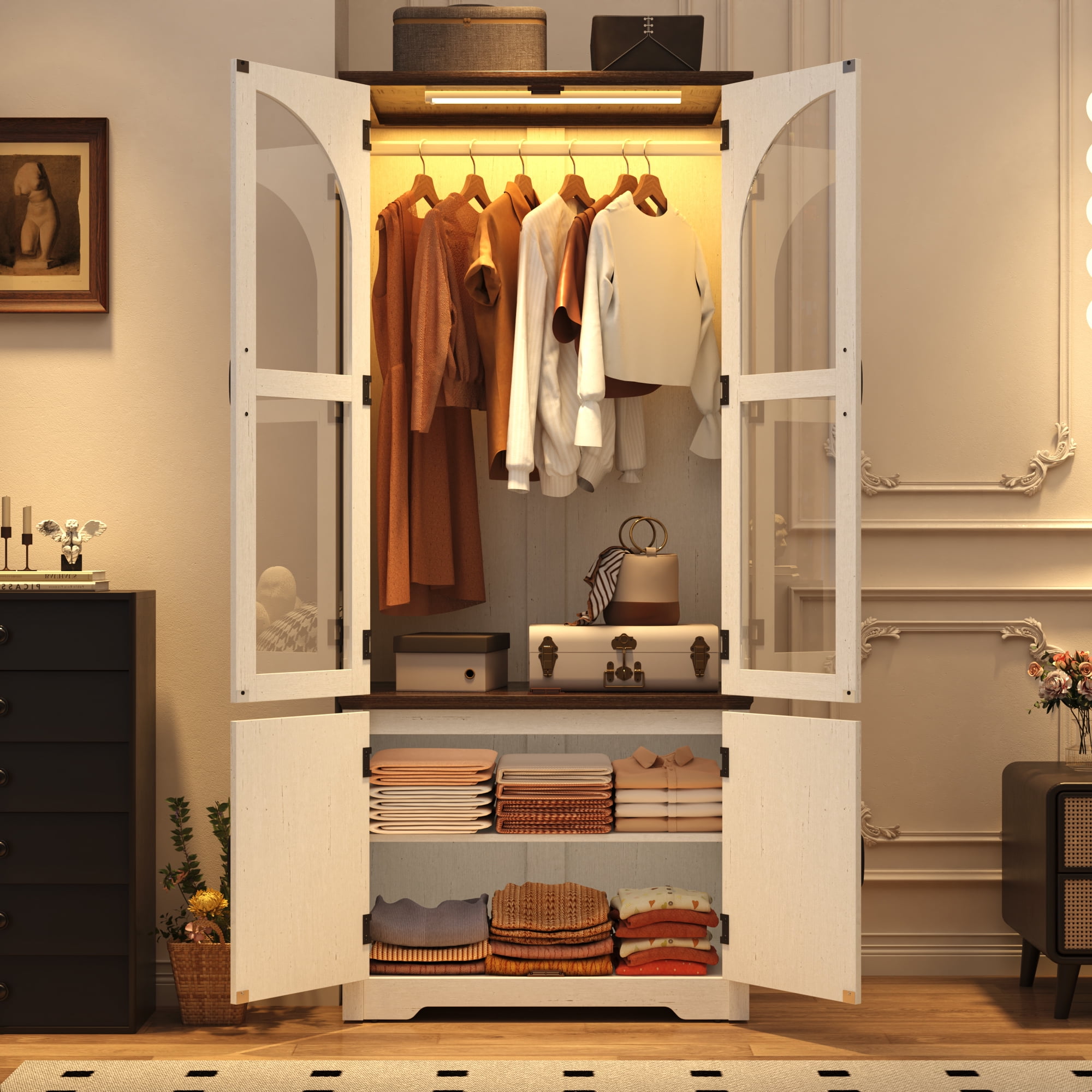 ChVans 4 Door Armoire Wardrobe Closet with LED Sensor Light,72"H Arch ...