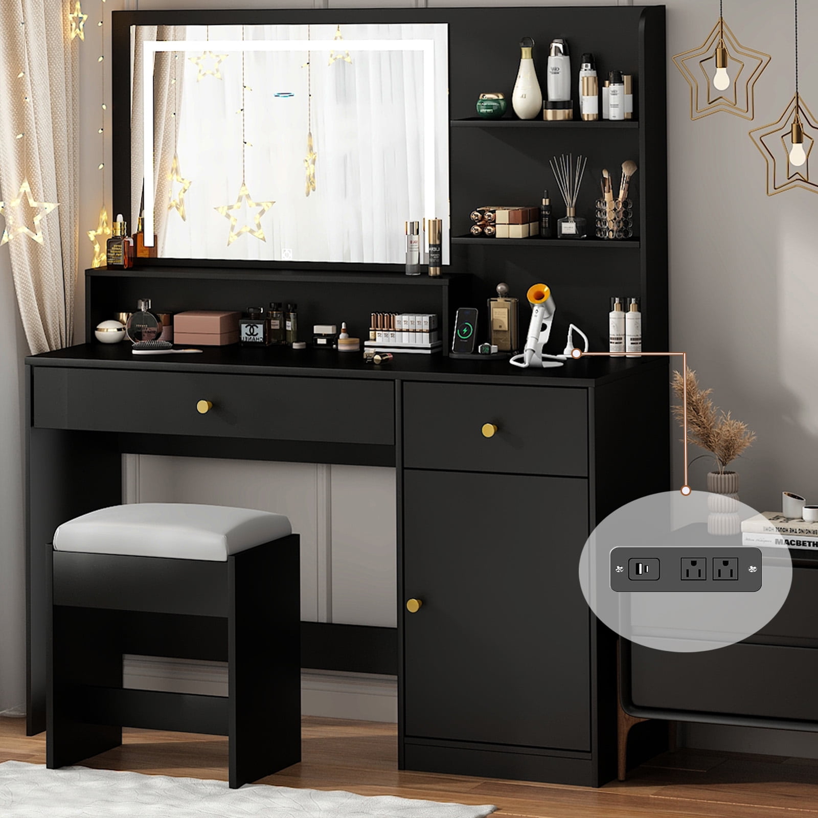 ChVans 47" Black Vanity Desk with Lighted Mirror & Charging Station ...