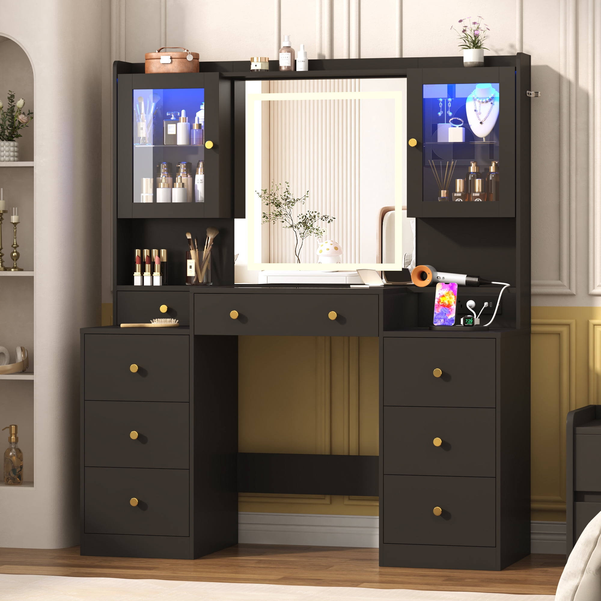 ChVans 47'' Large Makeup Vanity with Power Outlet, 60000-color LED ...