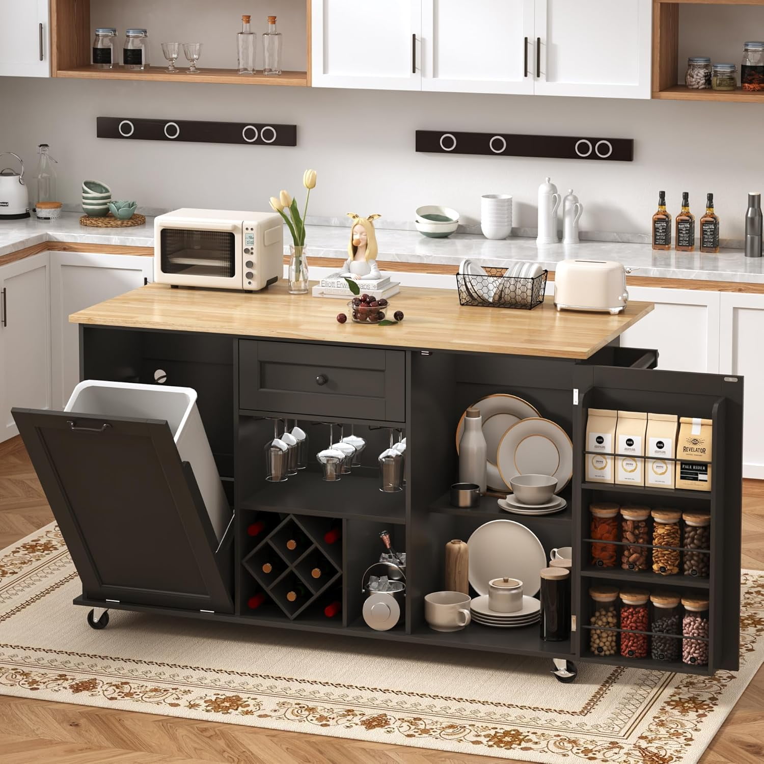 ChVans 59" Kitchen Island On Wheels, Rolling Kitchen Island Cart with ...
