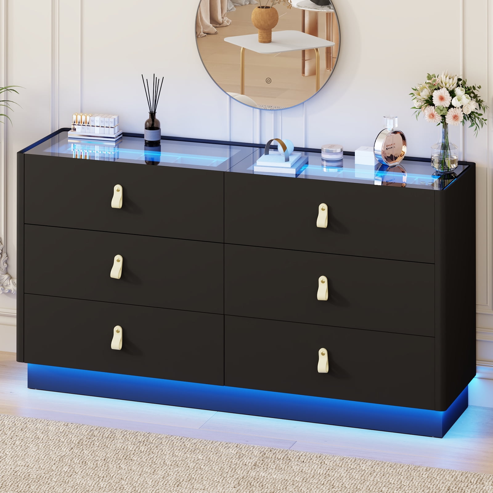 ChVans 59" Large LED Dresser with Glass Top, Jewelry Closet Island, 6 ...