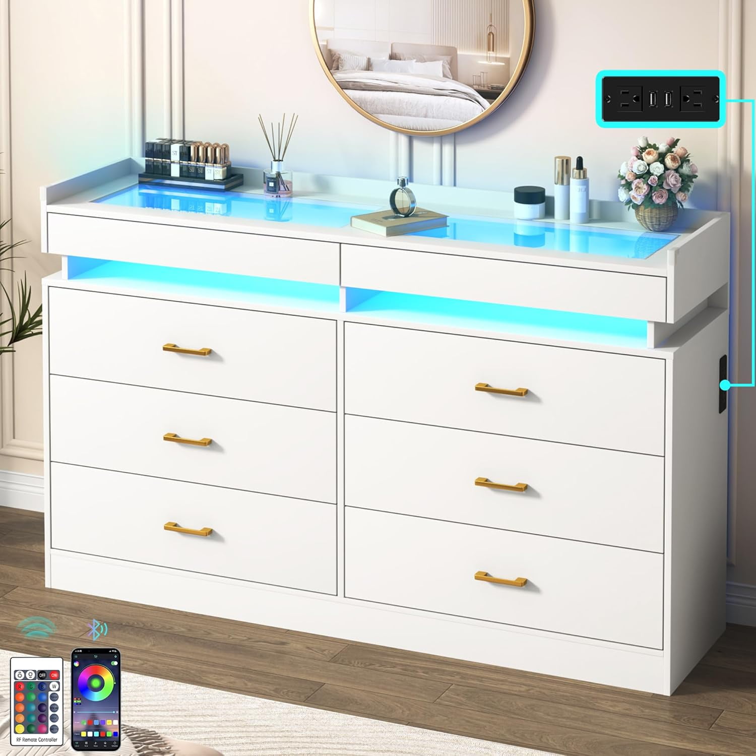 ChVans 59"W Wooden Dresser with Glass Top & Jewelry Drawer, 6 Drawer ...