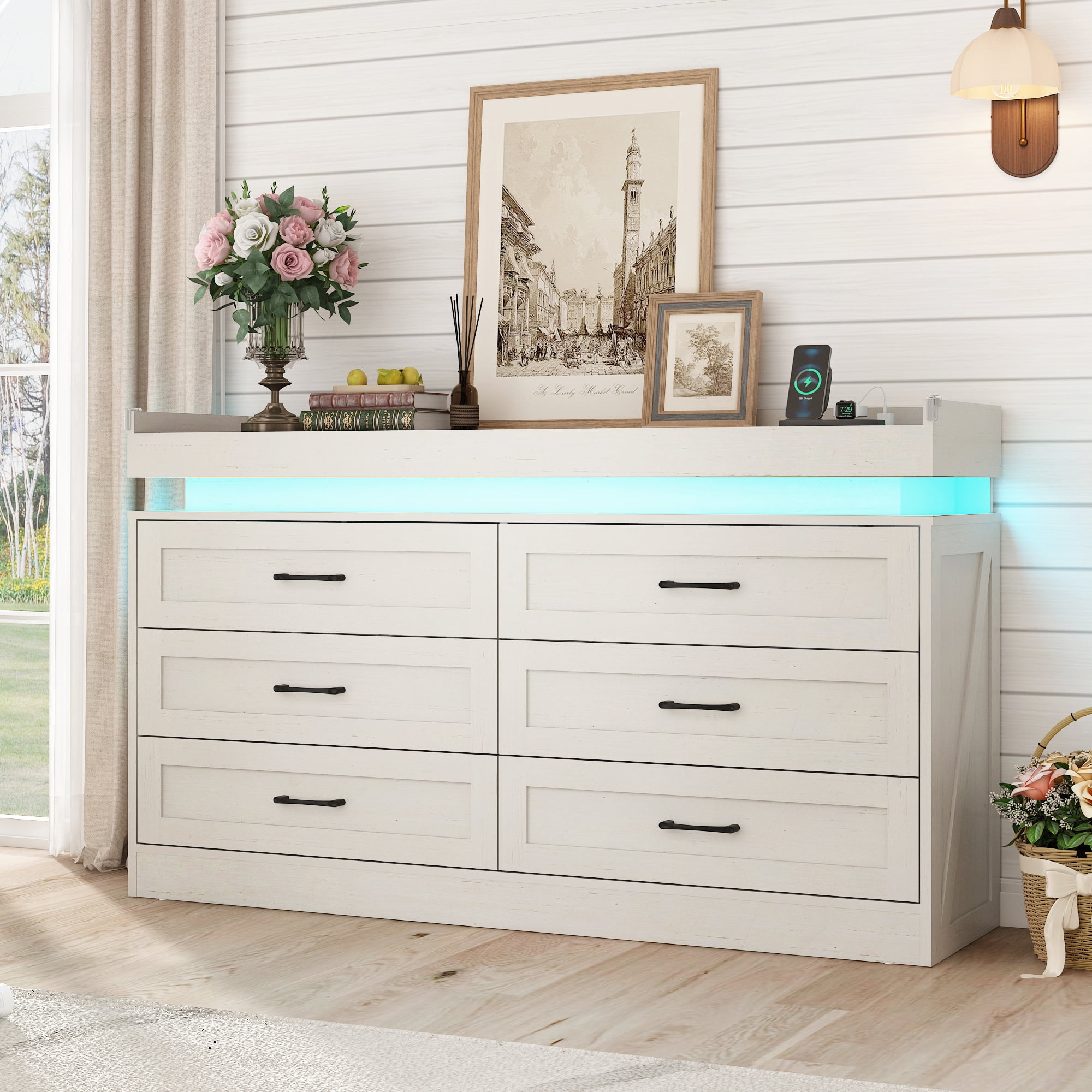 ChVans 6 Drawer Dresser with LED Light and Charging Station, Farmhouse ...