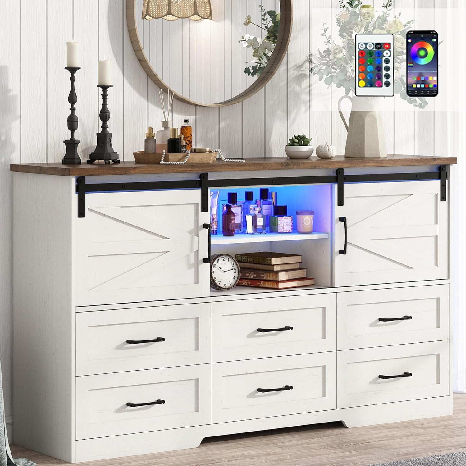 ChVans 6 Drawer Dresser with LED Lights & Charging Station, 63 ...