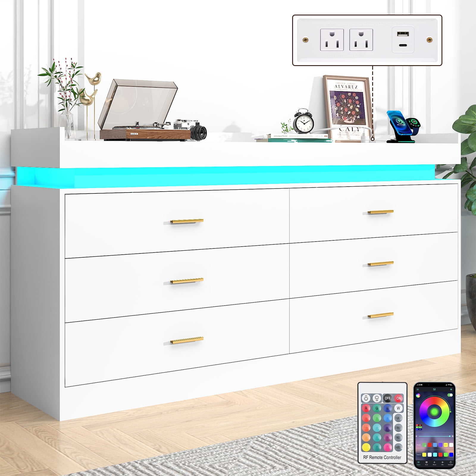 ChVans 6 Drawer Dresser with LED Light and Charging Station, Modern ...