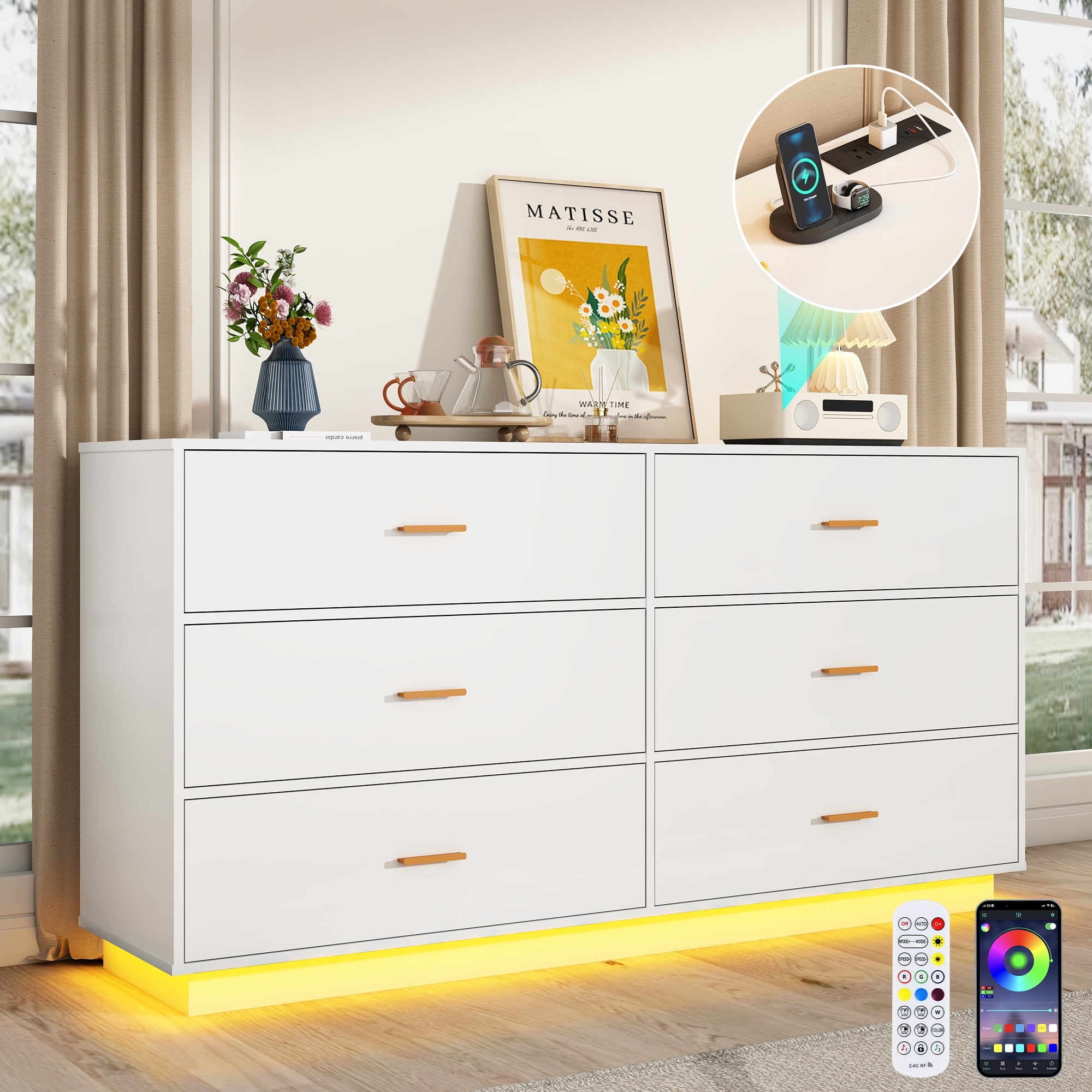ChVans 6 Drawer Dressers with 60000-color LED Lights & Power Outlet, 59 ...