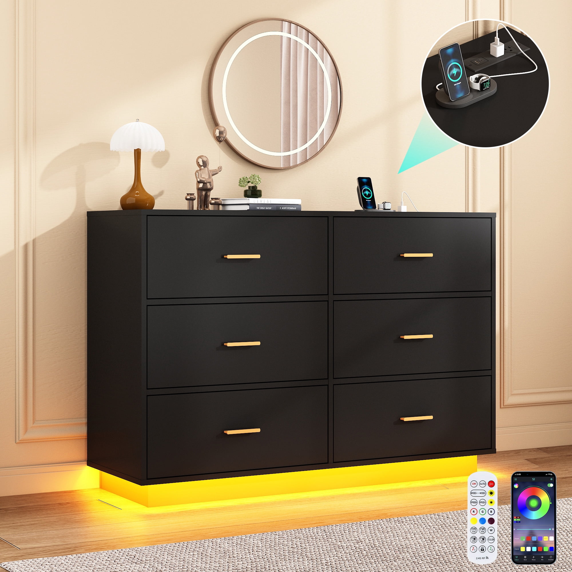 ChVans 6 Drawer Dressers with 60000-color LED Lights & Power Outlet, 47 ...