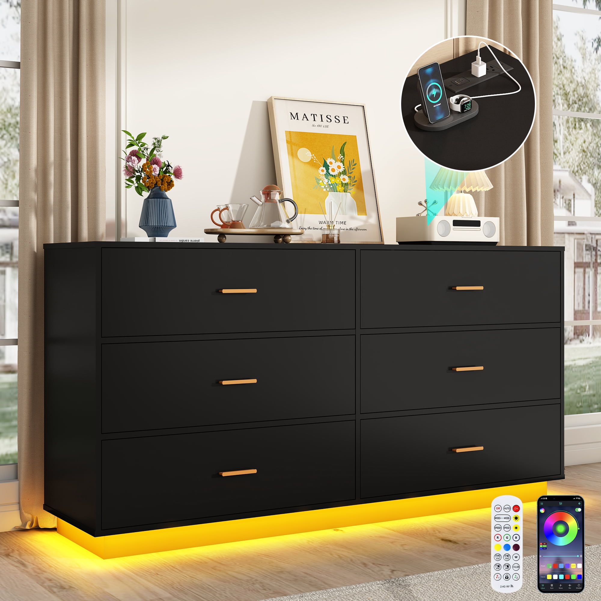 ChVans 6 Drawer Dressers with 60000-color LED Lights & Power Outlet, 59 ...