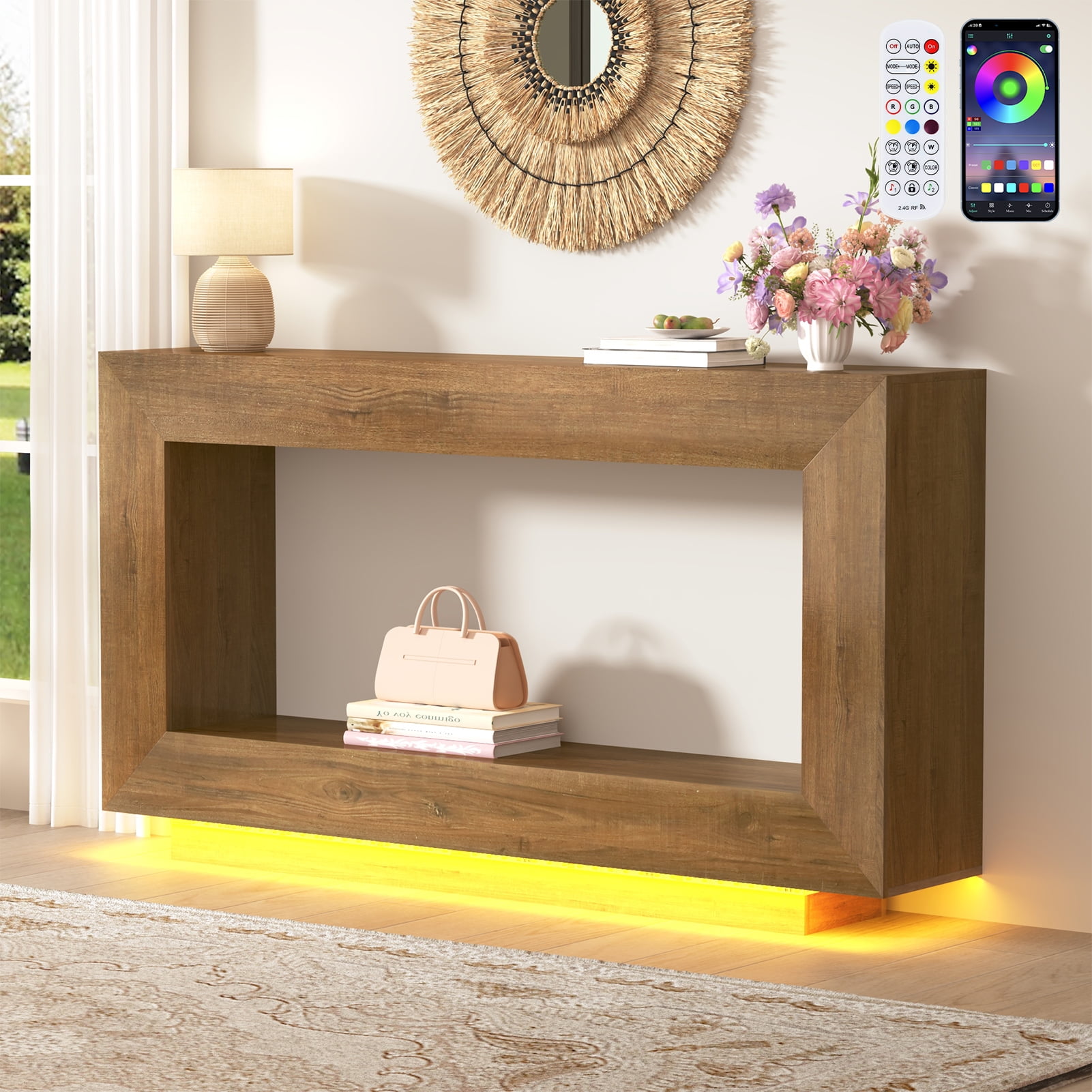 ChVans 63" Long Farmhouse Console Table with LED Lights, 35" Tall Wood ...