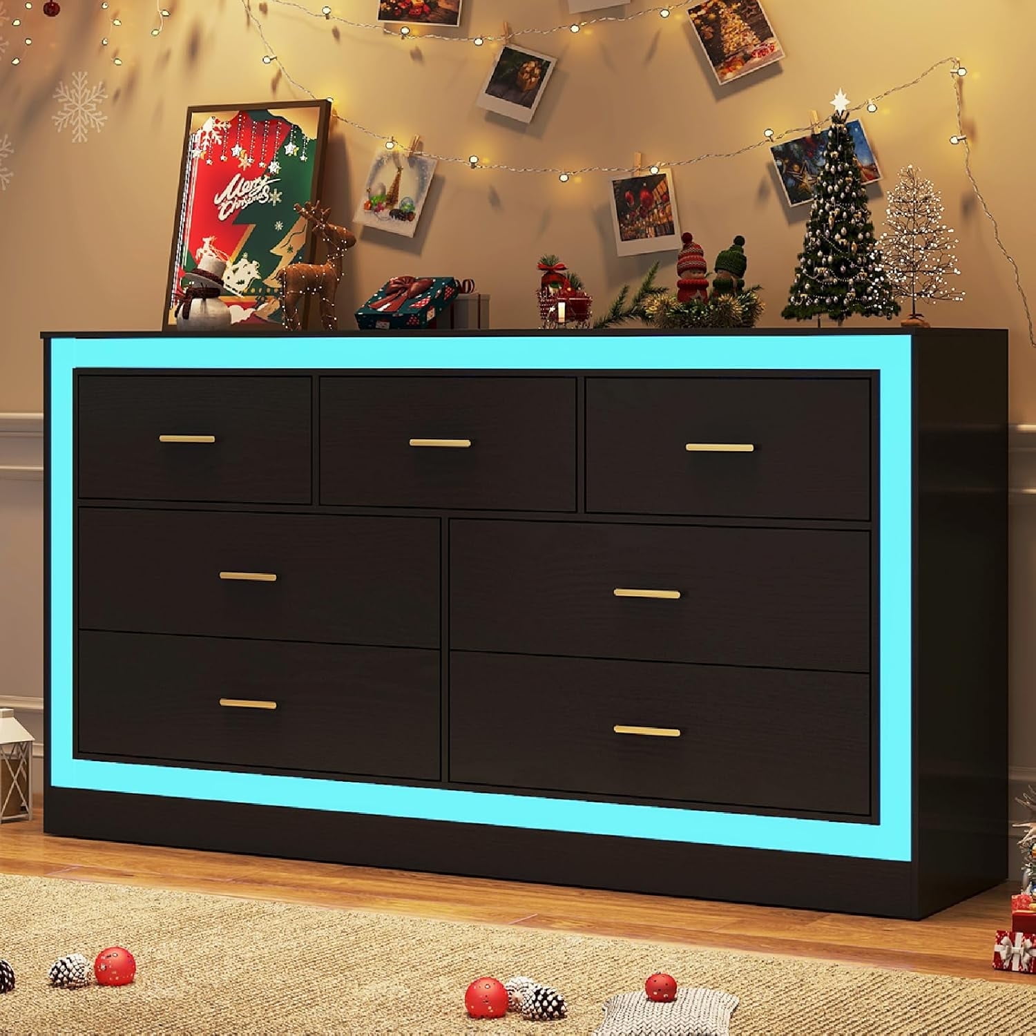 ChVans 63'' Long Modern Dresser 7 Drawers with LED Light, Black Dresser ...