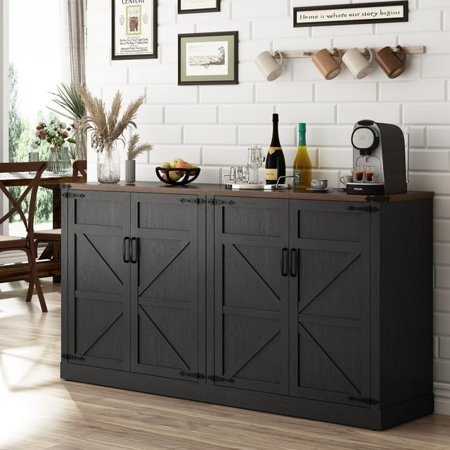 ChVans 65" Large Farmhouse Buffets Cabinet w/Storage, 4 Barn Doors Coffee Bar Cabinet with ...