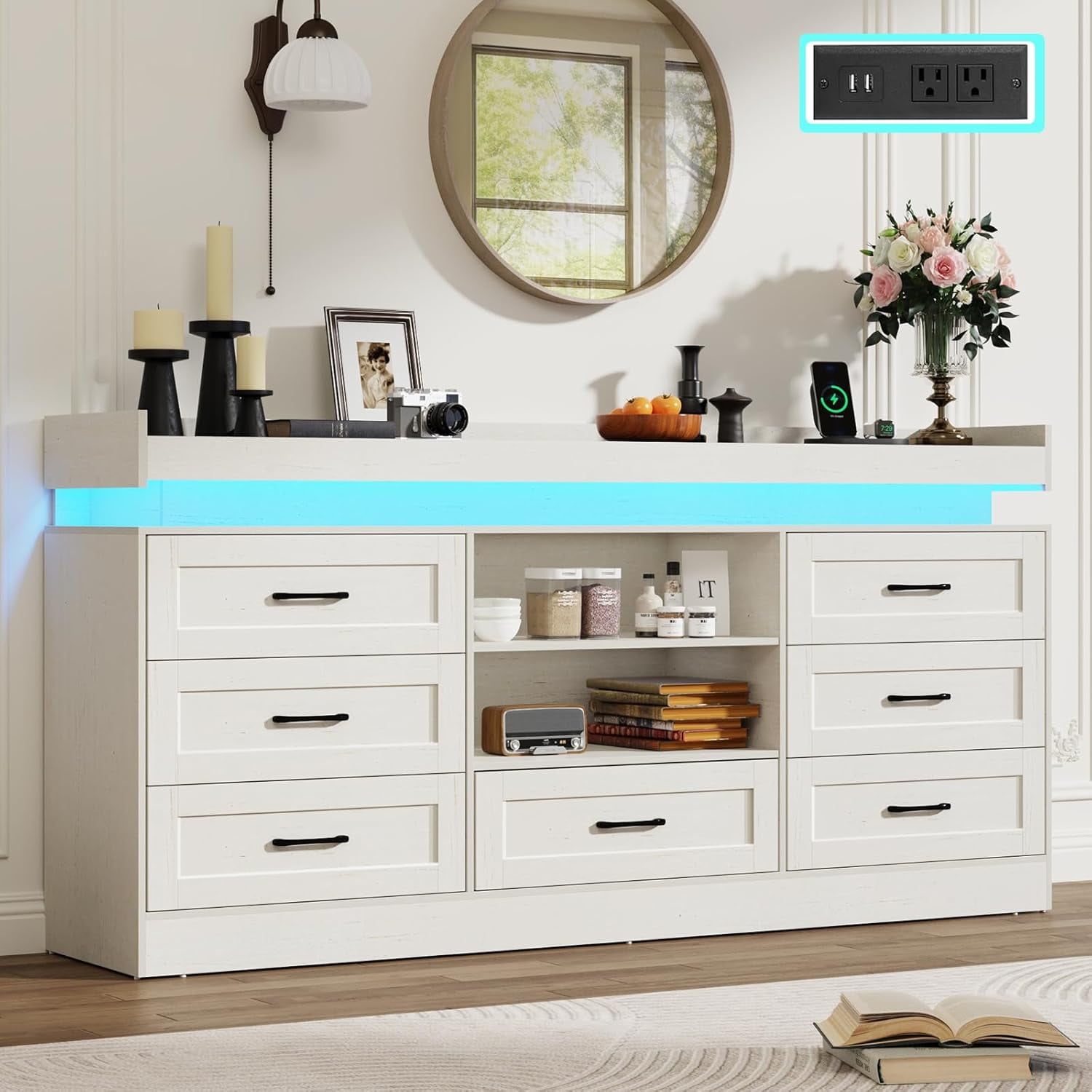 ChVans 7 Drawer Dresser with LED Light and Charging Station, Farmhouse ...