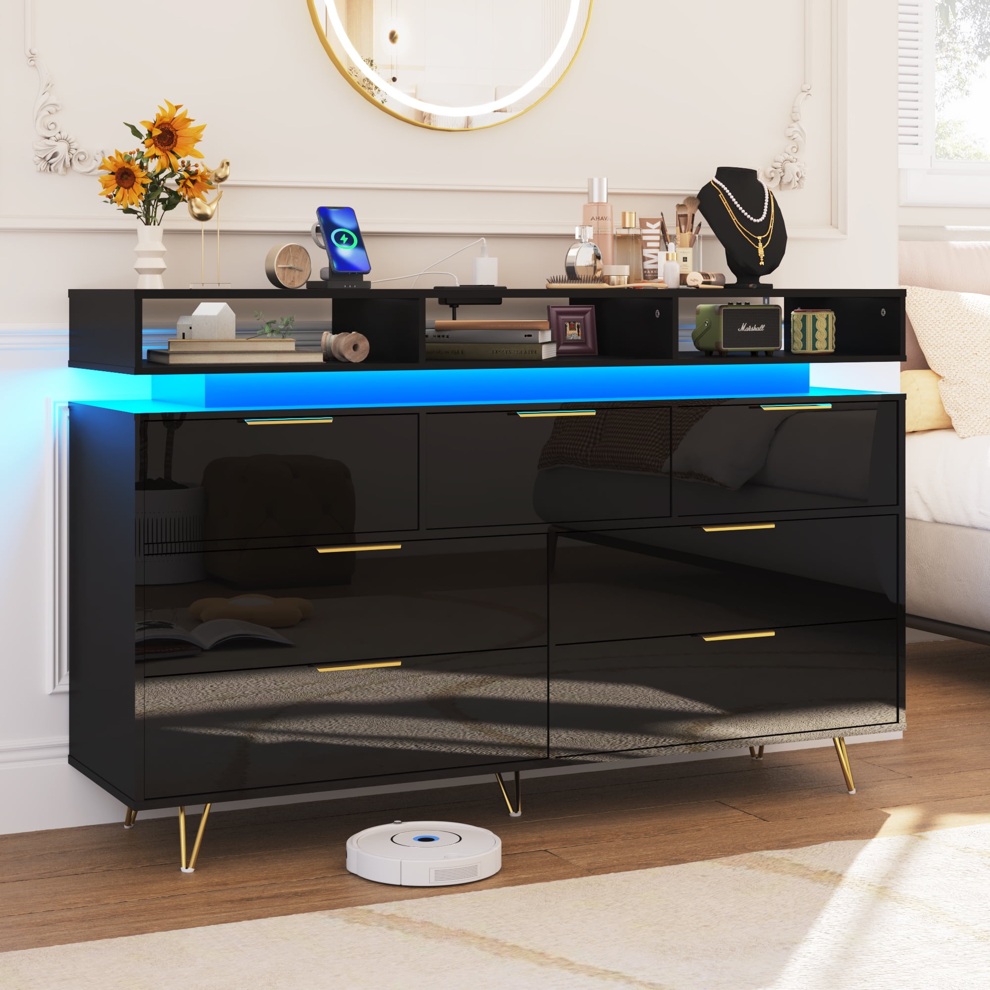 ChVans 7 Drawer Dresser with Power Outlet & LED Light, Modern Chest of ...