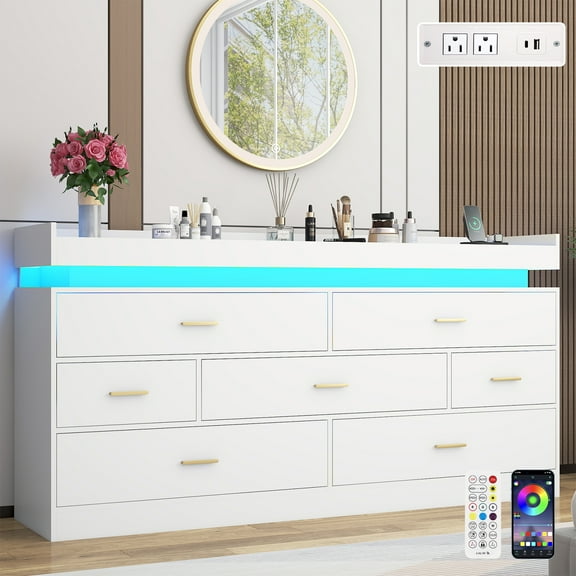 7-Drawer Wooden Dresser with USB Charging Station & LED Lights, Modern ...