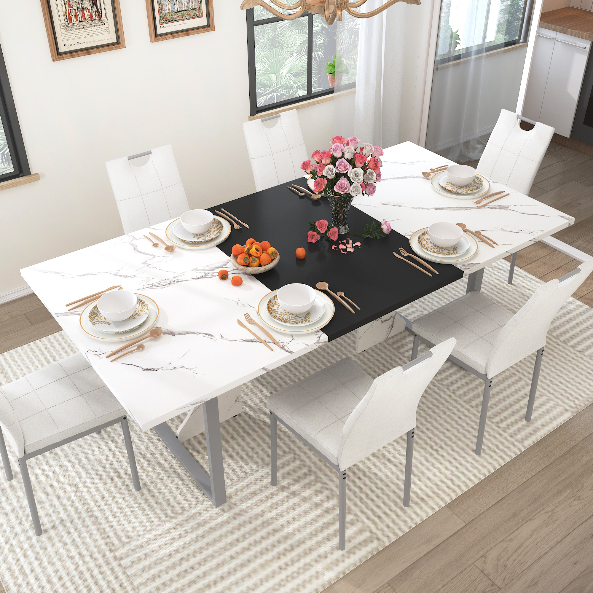 ChVans 7 Pcs Dining Table Set for 4-6 People with Chairs,70" Kitchen ...