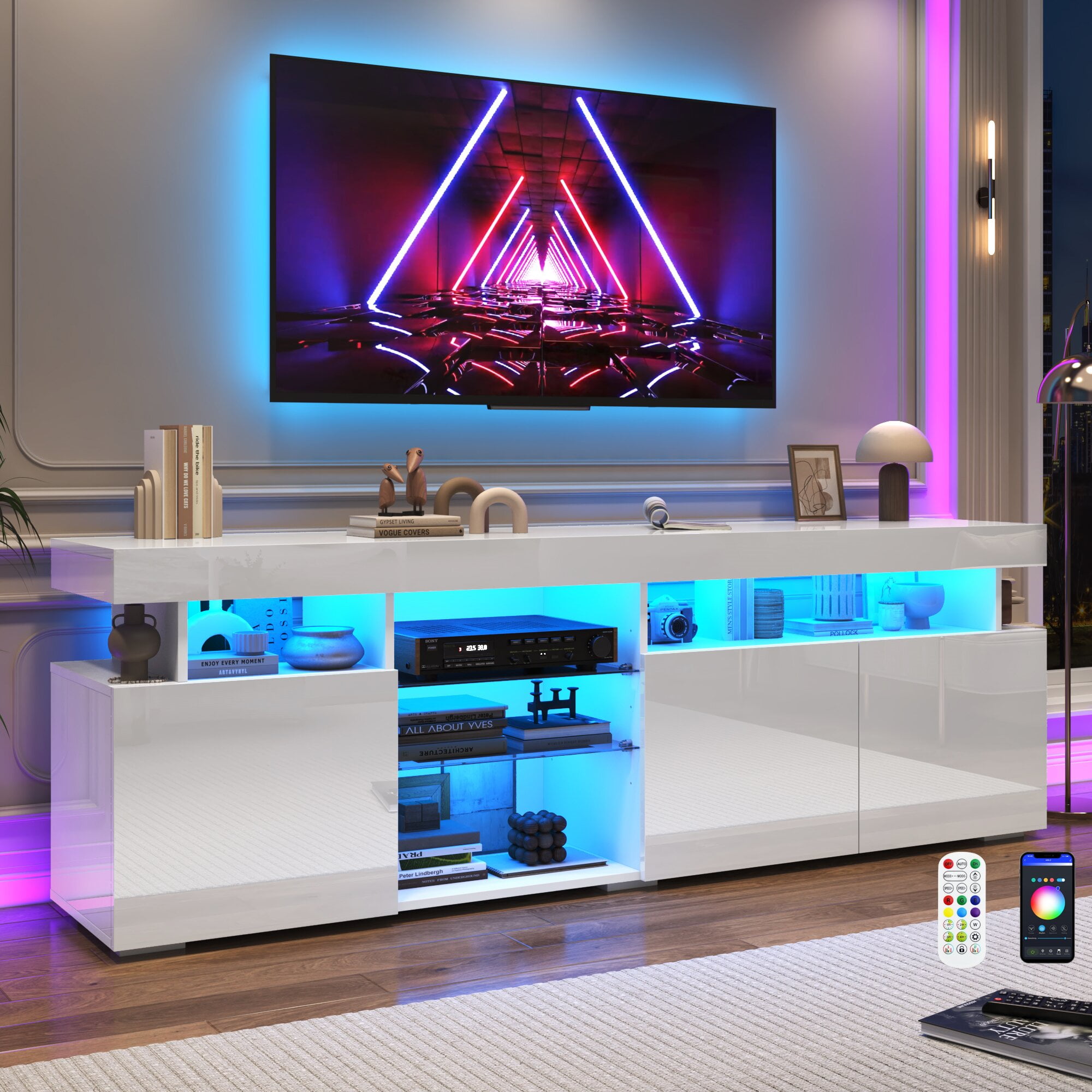 ChVans 70.8'' LED TV Stand for up to 80'' TVs, 2 Tier TV Console ...