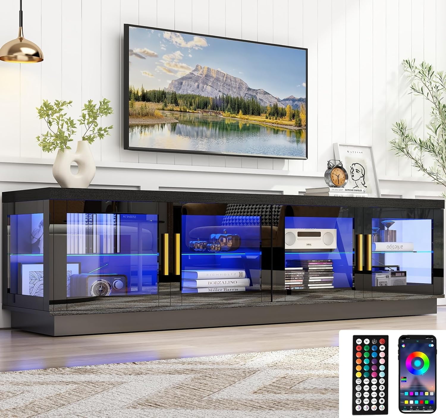 "ChVans 70"" Modern LED TV Stand, Up to 85"" TV, High Glossy, Black ...